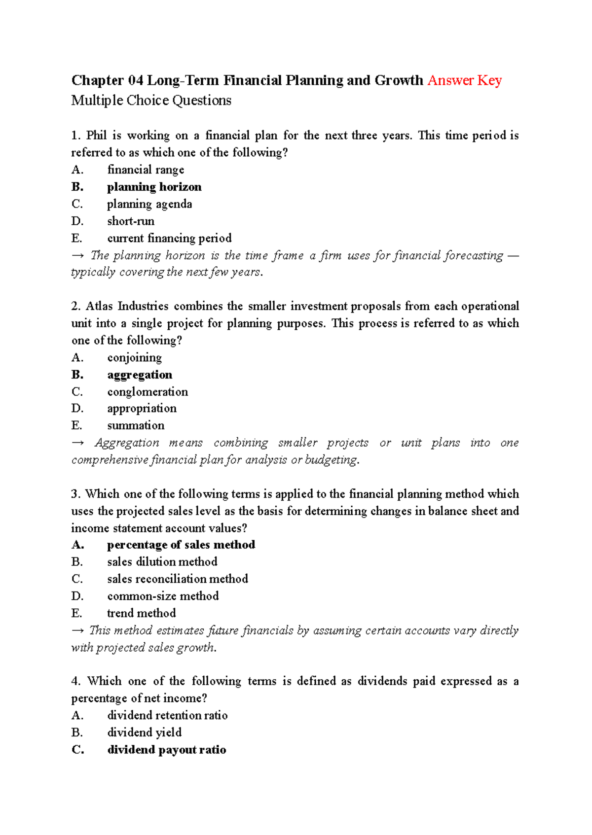 Chapter 04 - Financial Planning and Growth MCQ Answer Key - Studocu