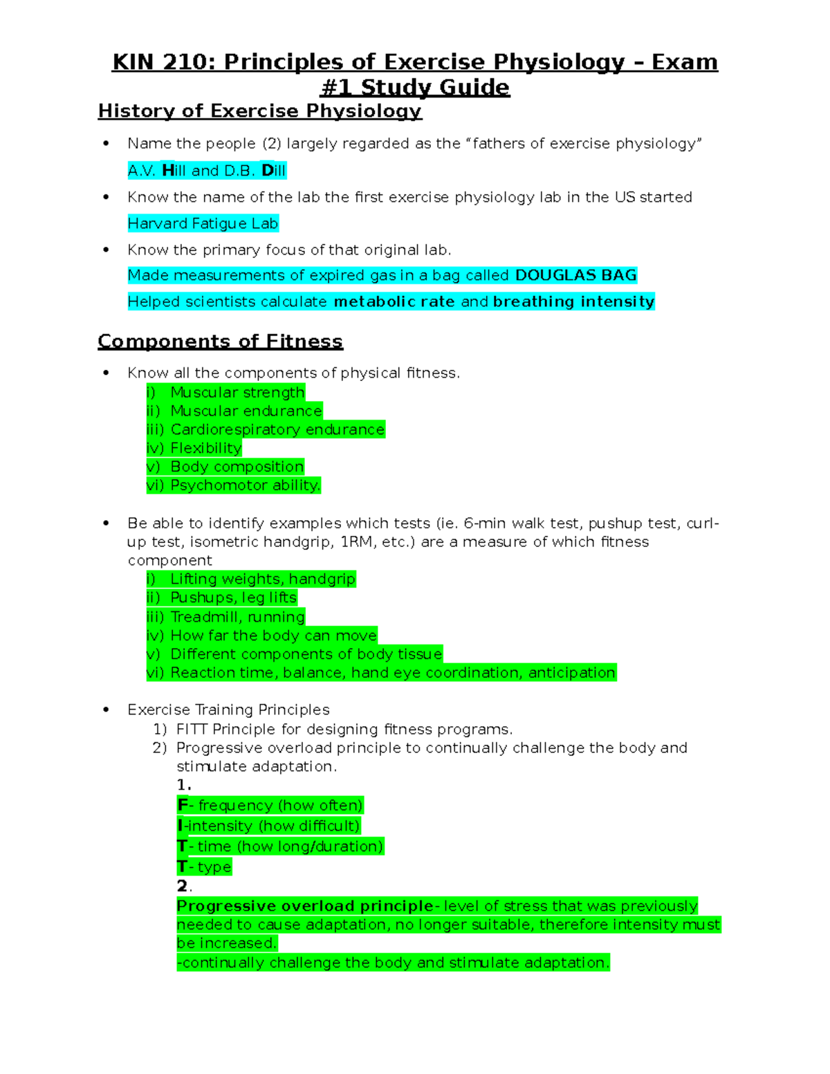 KIN 210: Principles of Exercise Physiology Exam Study Guide - Studocu