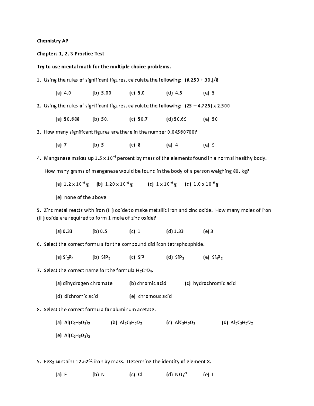 Chemistry AP Chapters 2 & 3 Practice Test with Solutions - Studocu