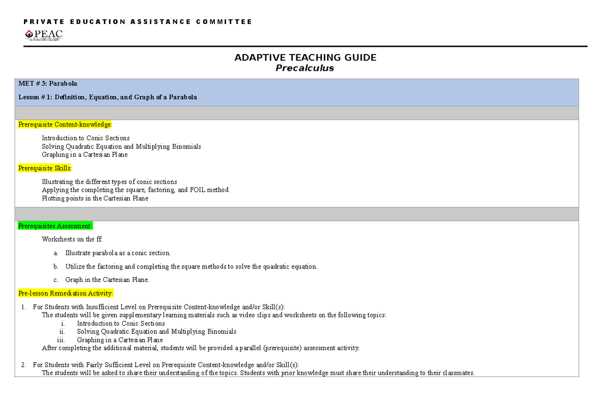 Adaptive Teaching Guide: Precalculus - Understanding Parabolas - Studocu