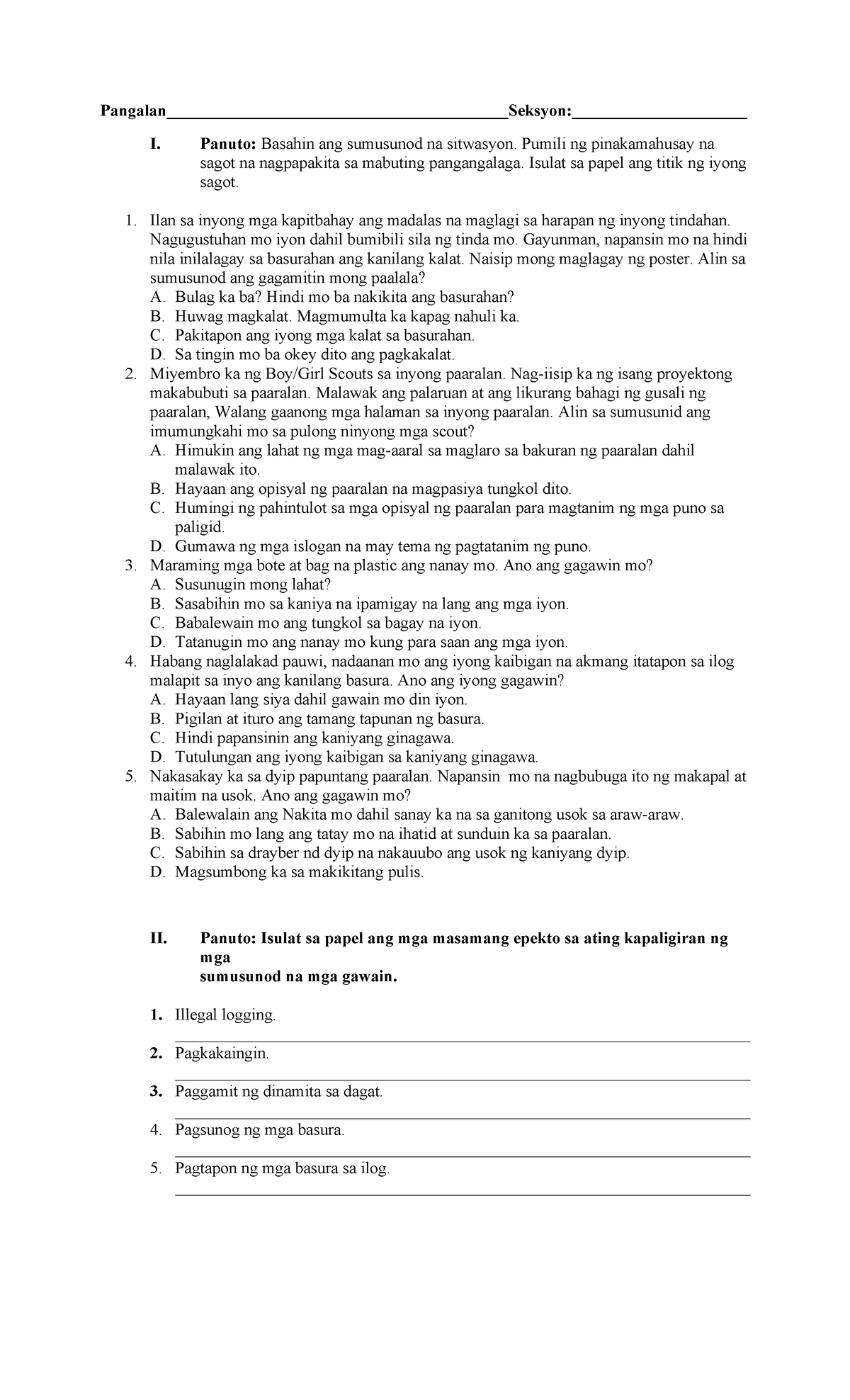 ESP Quiz - sub - Pangalan_________________________________________Seksyon ...