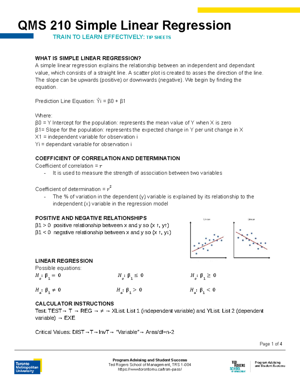 QMS 210 Simple Linear Regression: Effective Learning Tip Sheet - Studocu