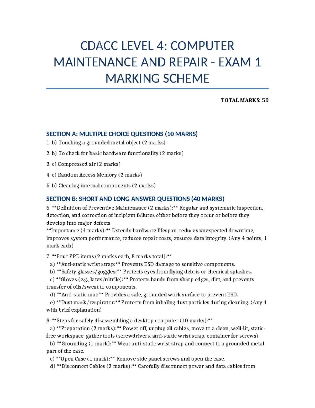 CDACC LEVEL 4: COMPUTER MAINTENANCE EXAM 1 MARKING SCHEME - Studocu