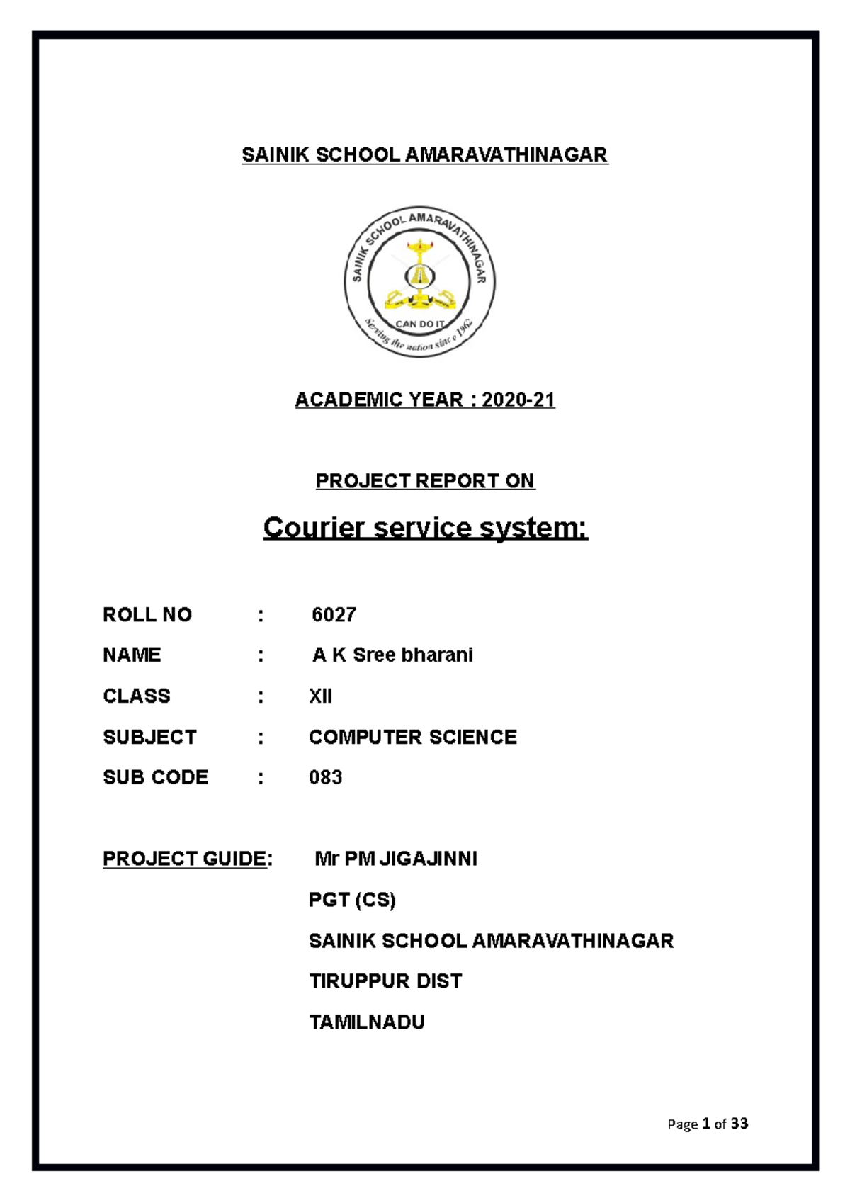 Courier Service System Project Report - Class XII (CS 083) - Studocu