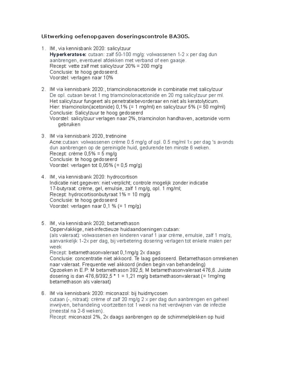 Uitwerking oefenopgaven doseringscontrole BA305 voor HC en MM - Studeersnel