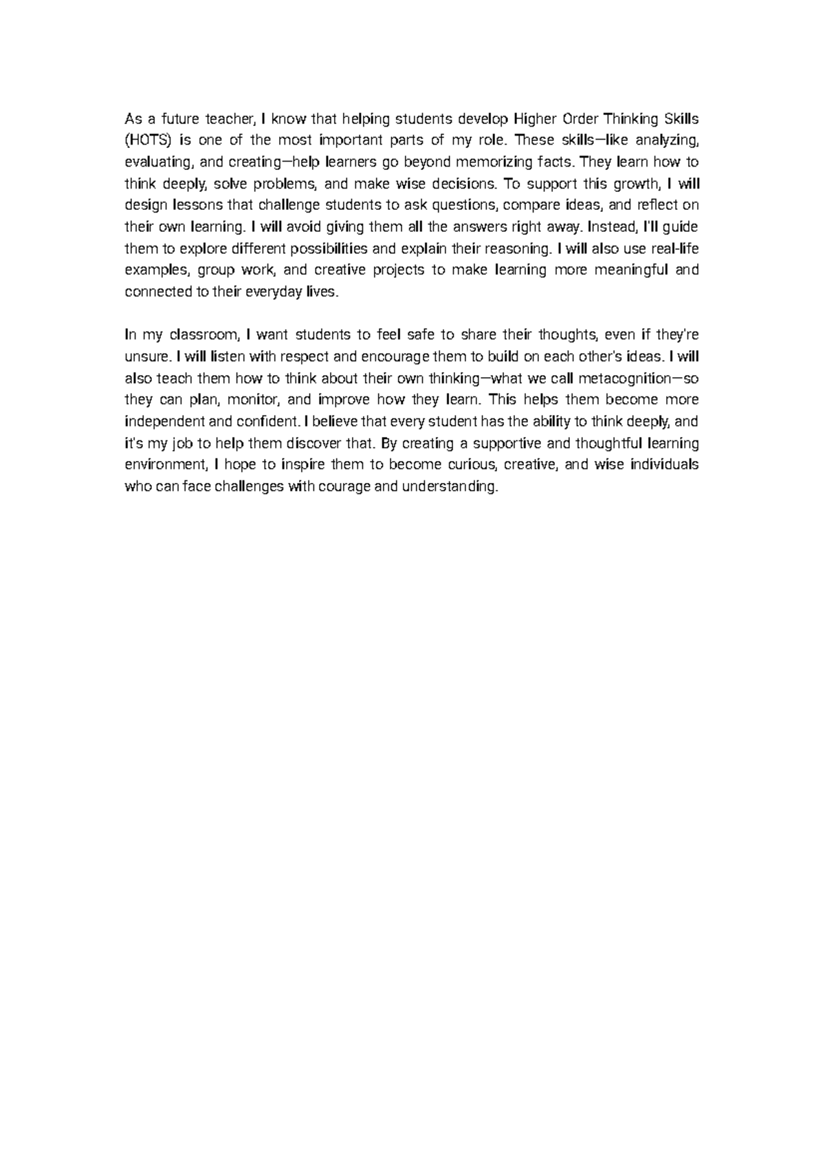 Developing Higher Order Thinking Skills in Future Teachers (8Eng) - Studocu