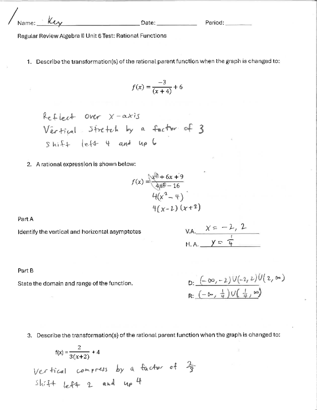 Algebra II Unit 6 Test Review: Rational Functions & Transformations ...