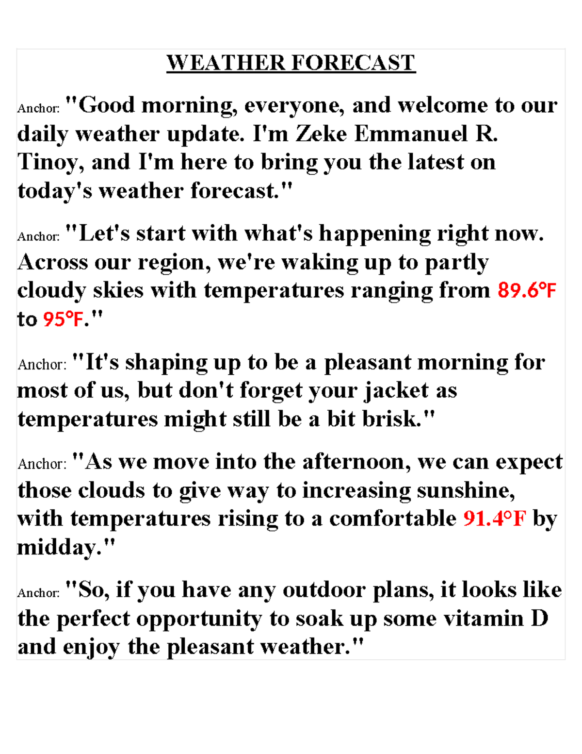 Weather Forecast Update Report by Zeke Emmanuel R. Tinoy - Studocu