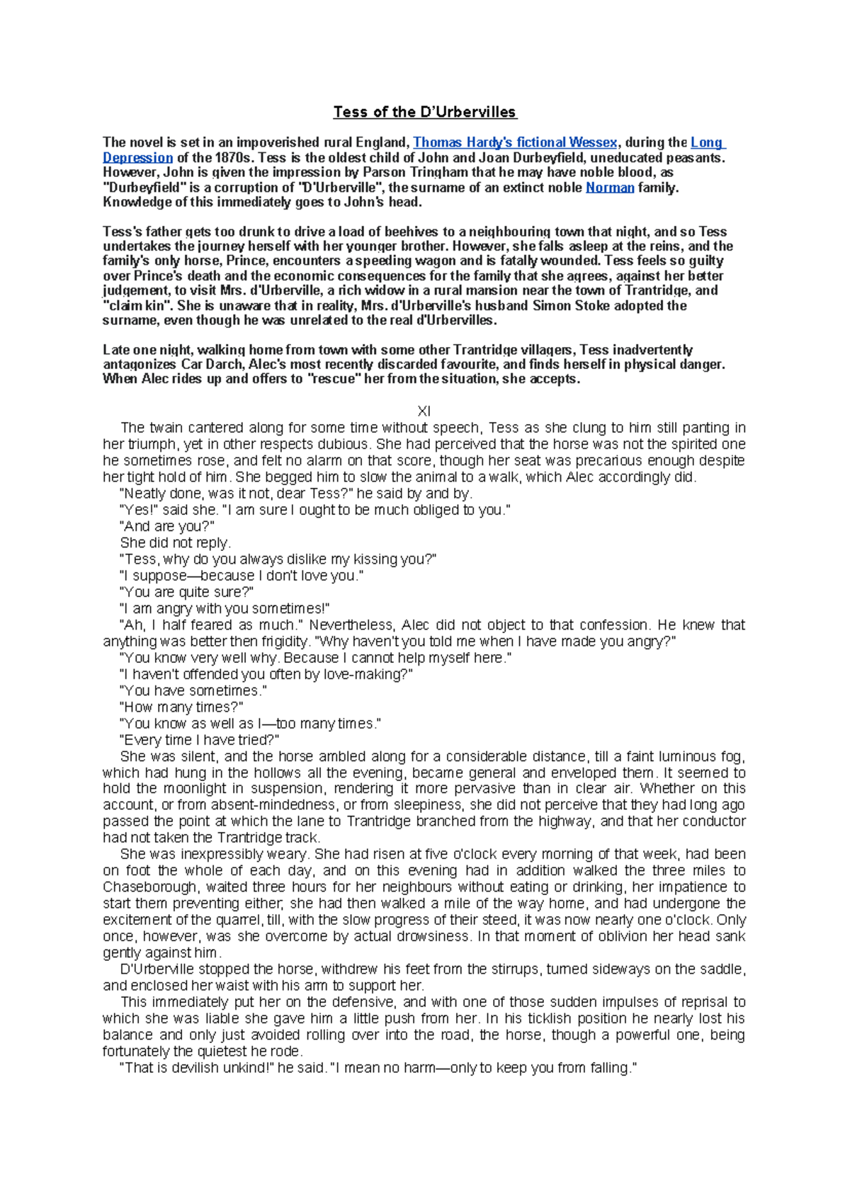 Tess of the D'Urbervilles: Key Extract Analysis - Studocu