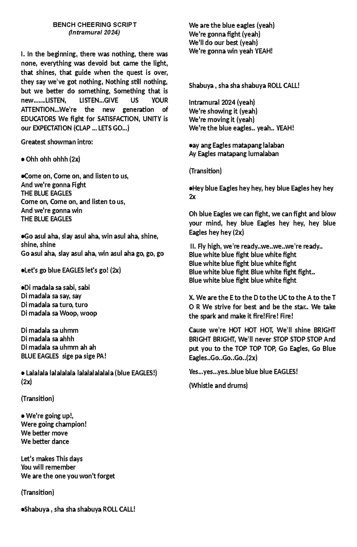 Bench Cheering Script for Intramural 2024: Go Blue Eagles! - Studocu