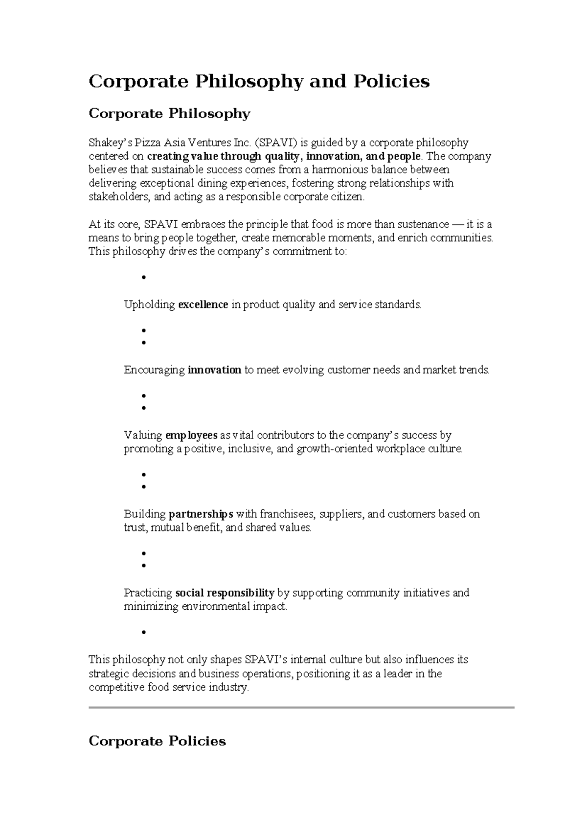 Shakeys (SPAVI) Corporate Philosophy & Policies Overview - Studocu