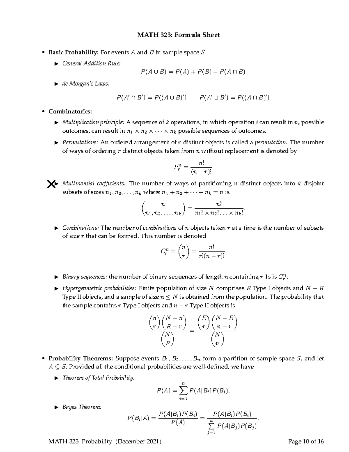 MATH 323: Probability Formula Sheet for Fall 2024 - Studocu