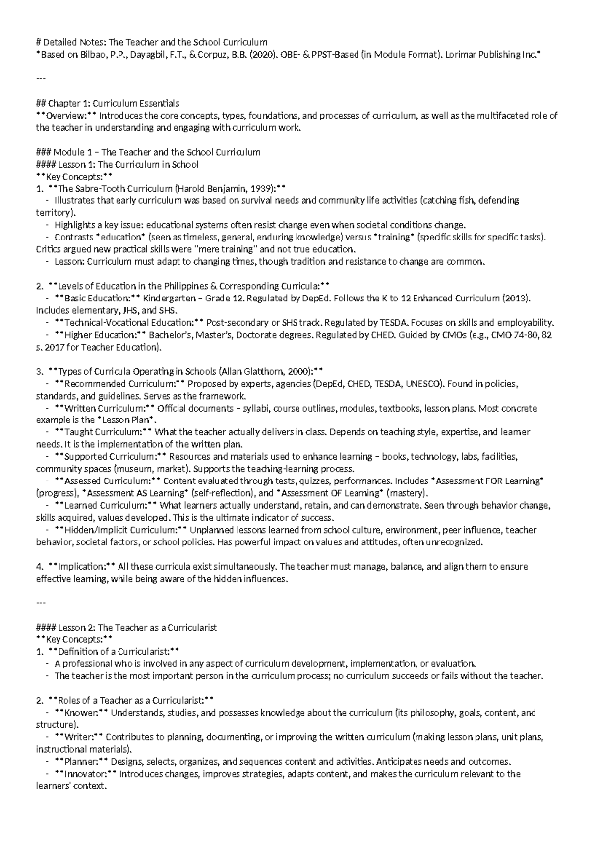 School Curriculum Notes: Teacher's Role & Curriculum Essentials (EDU101 ...