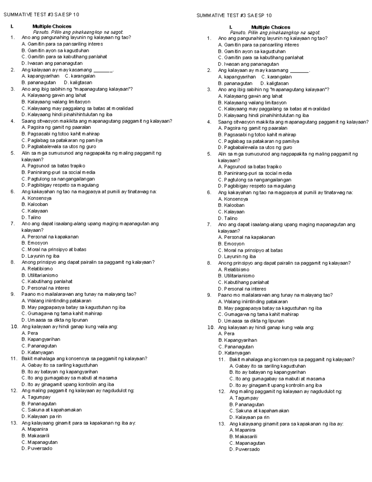 SUMMATIVE TEST SA ESP 10: Multiple Choice at True/False - Studocu