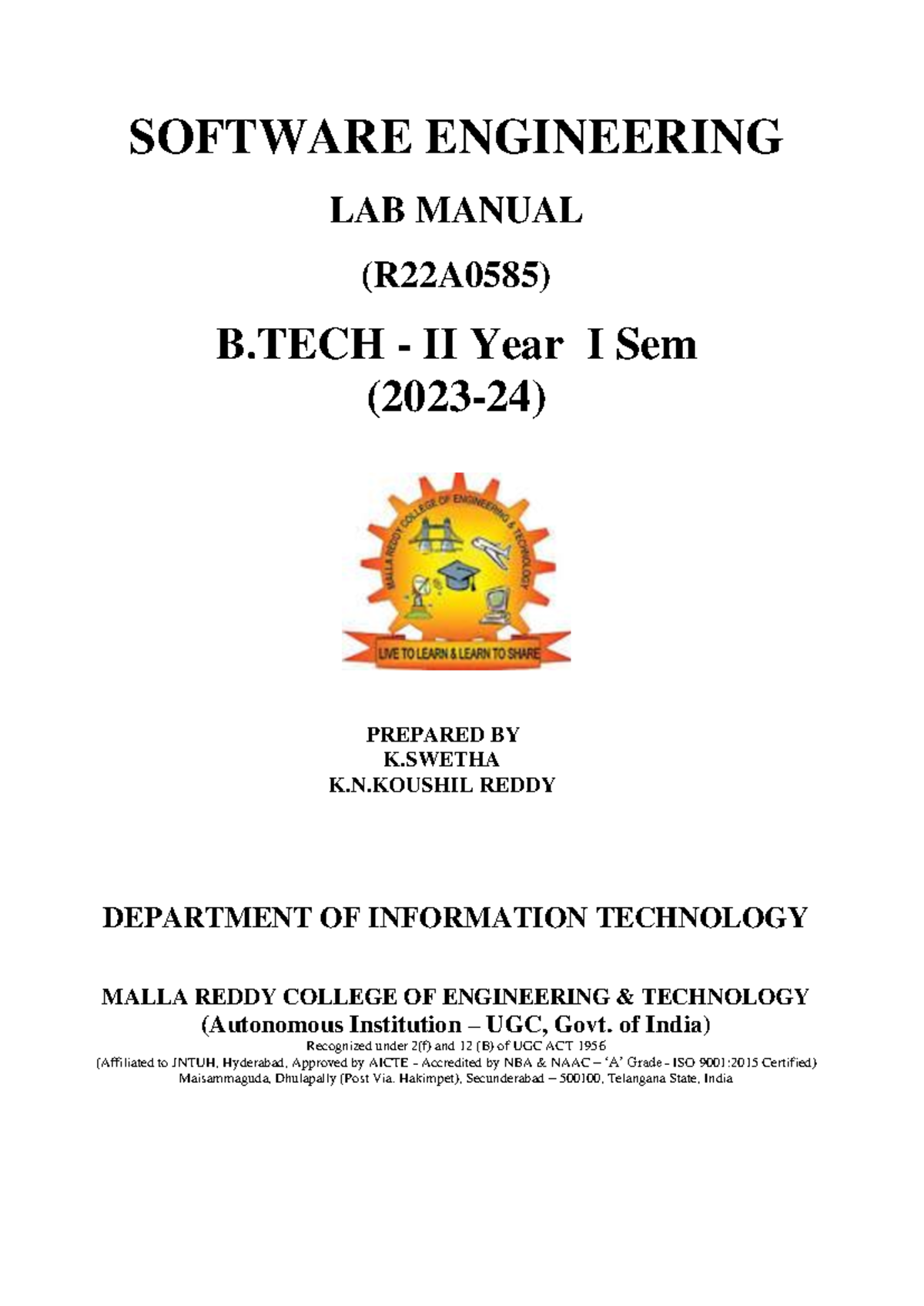 SOFTWARE ENGINEERING LAB MANUAL (R22A0585) - B.TECH II Year I Sem - Studocu