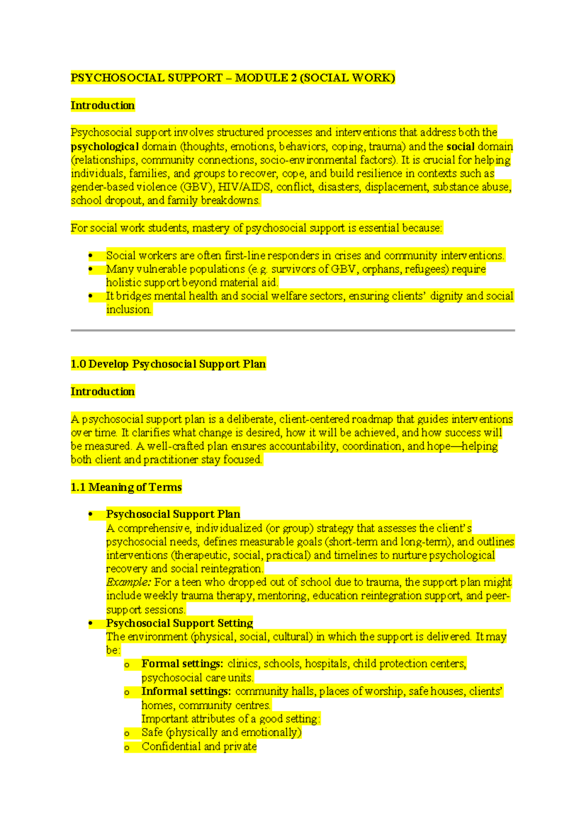 PSYCHOSOCIAL SUPPORT MODULE 2: Strategies for Social Work Interventions ...