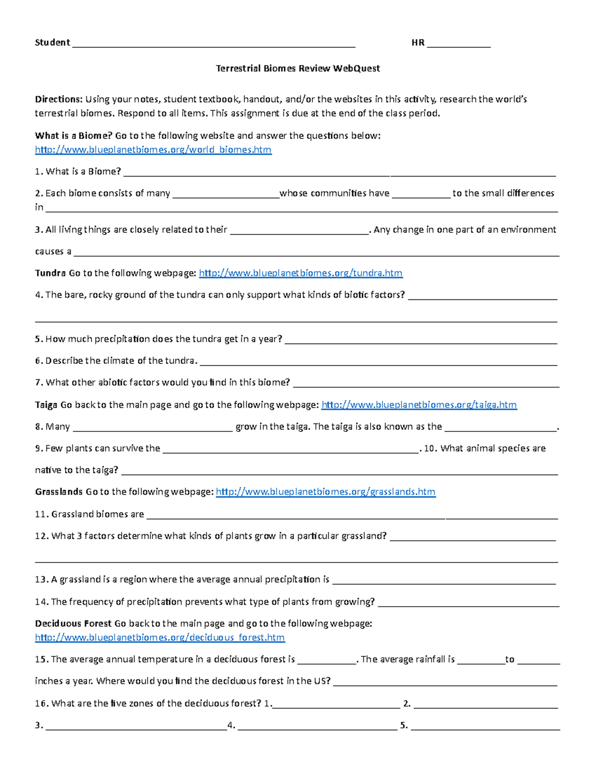 Terrestrial Biomes Review Webquest Data Sheet (Science 101) - Studocu