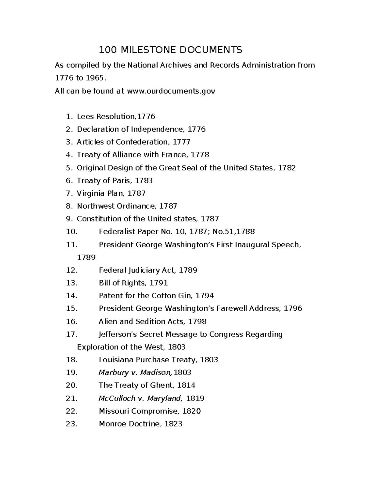 100 Milestone Documents from 1776 to 1965: A Historical Overview - Studocu