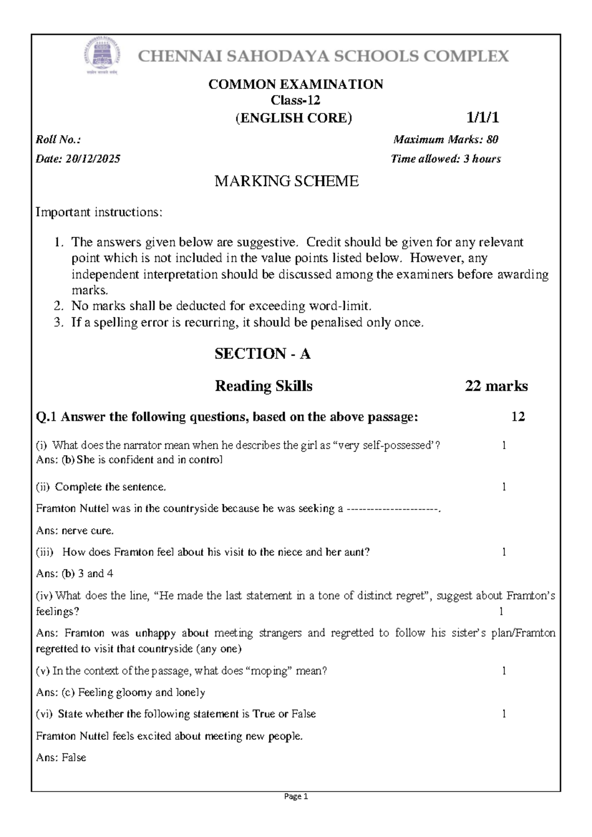 MS English 301 12 Common Examination Set 1 - Marking Scheme and ...