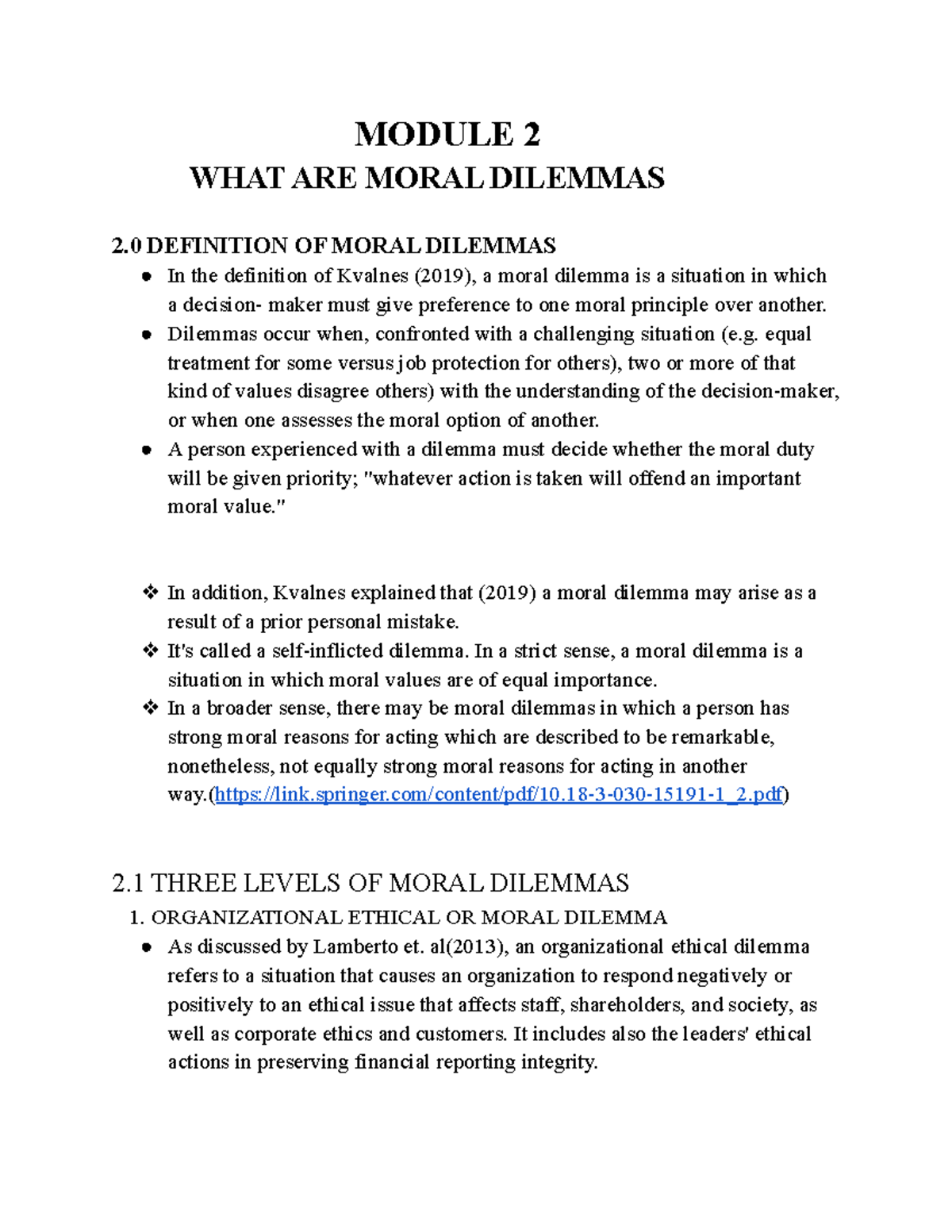Ethics - Module 2: Understanding Moral Dilemmas and Their Levels - Studocu