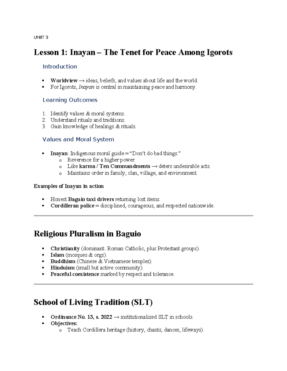 UNIT 3 Lesson 1: Inayan - Tenets of Peace Among Igorots - Studocu