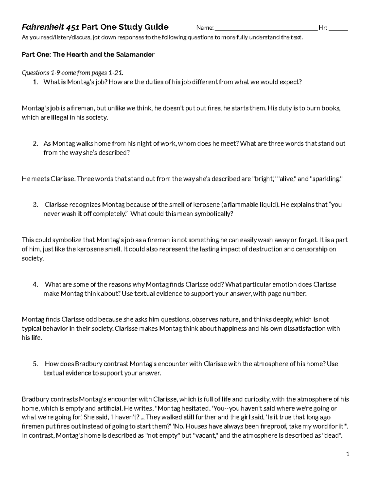 Copy of F451 Part One Study Guide - Fahrenheit 451 Part One Study Guide ...