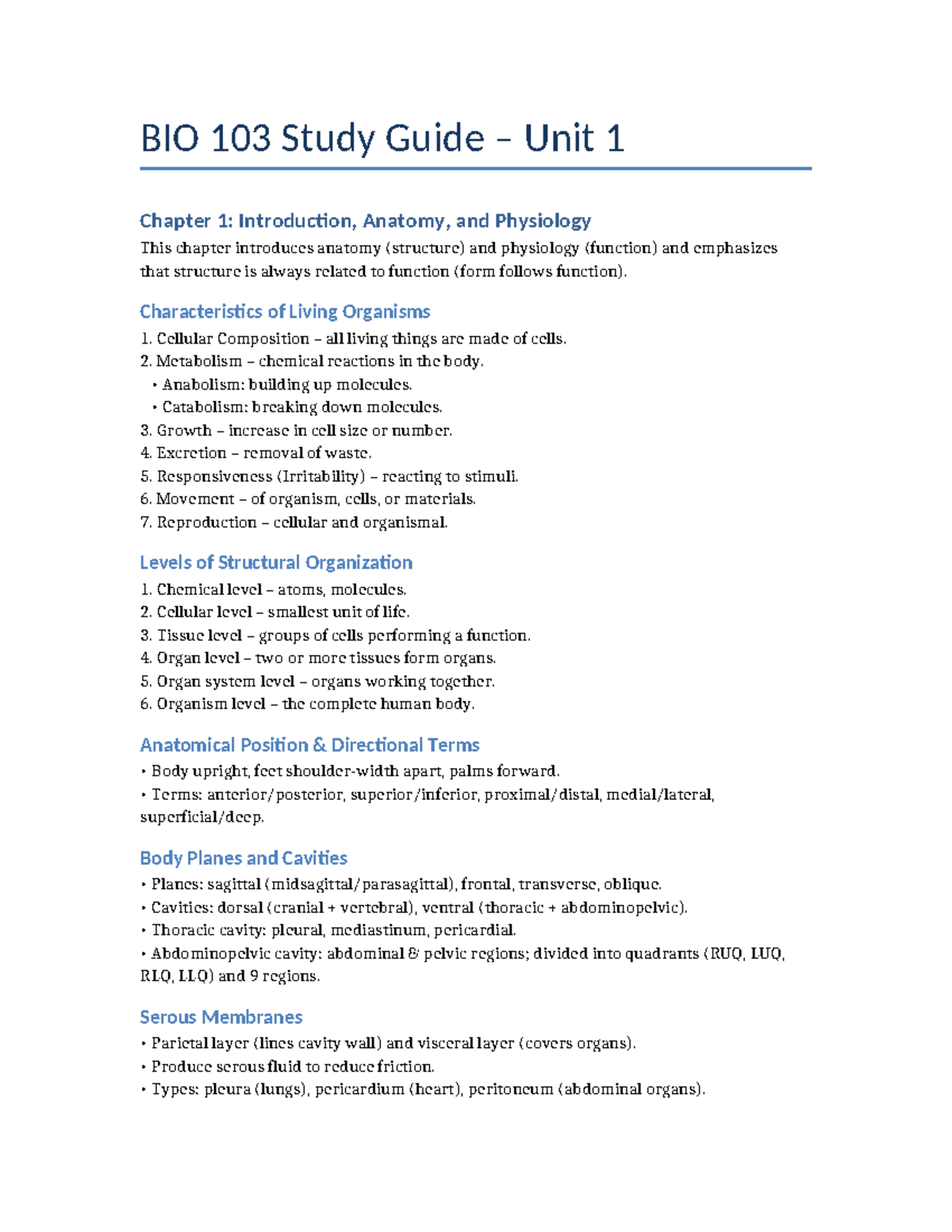 BIO 103 Study Guide: Unit 1 - Intro to Anatomy & Physiology - Studocu