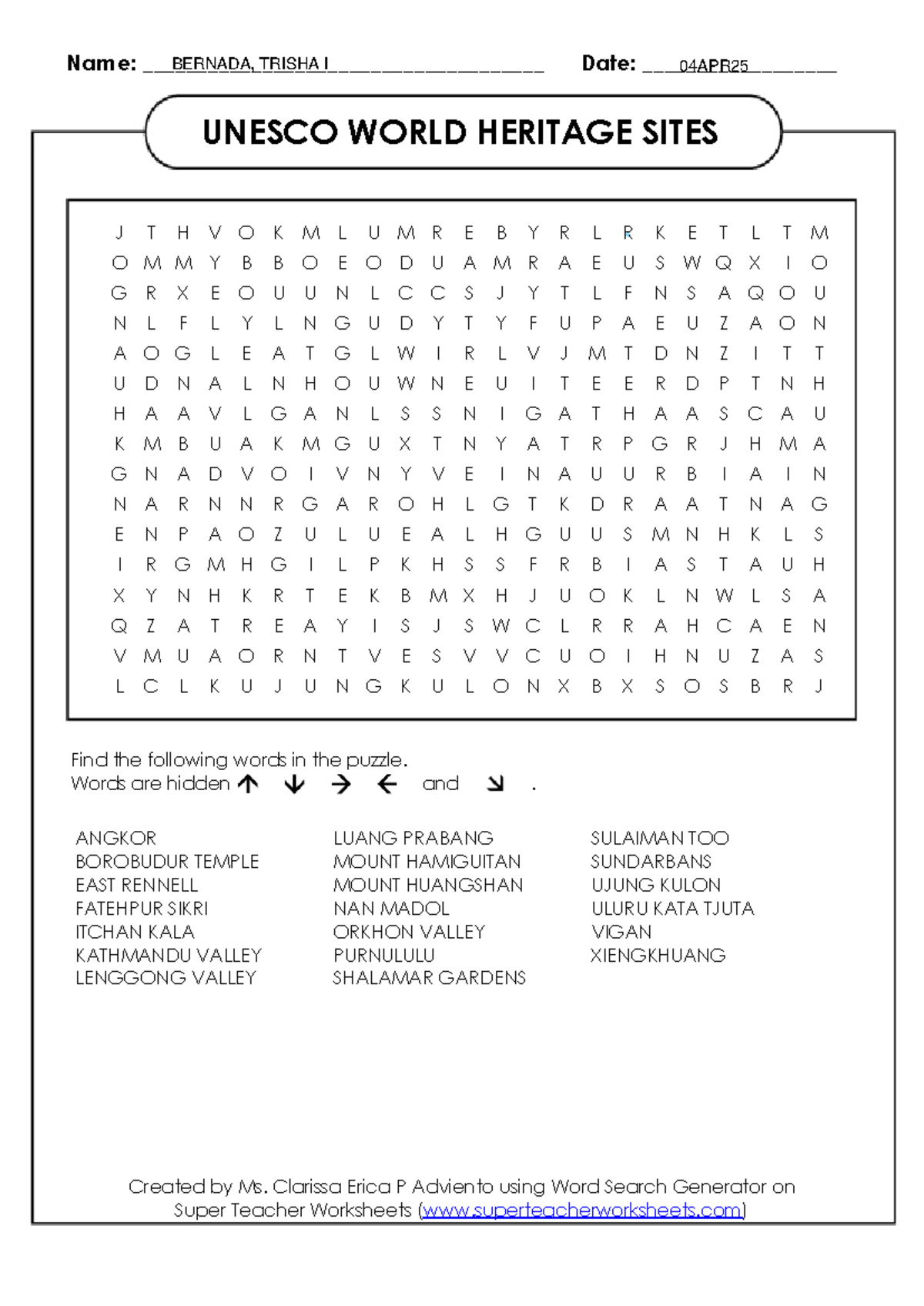 UNESCO World Heritage Sites Word Search Puzzle (Course Code: BERNADA ...