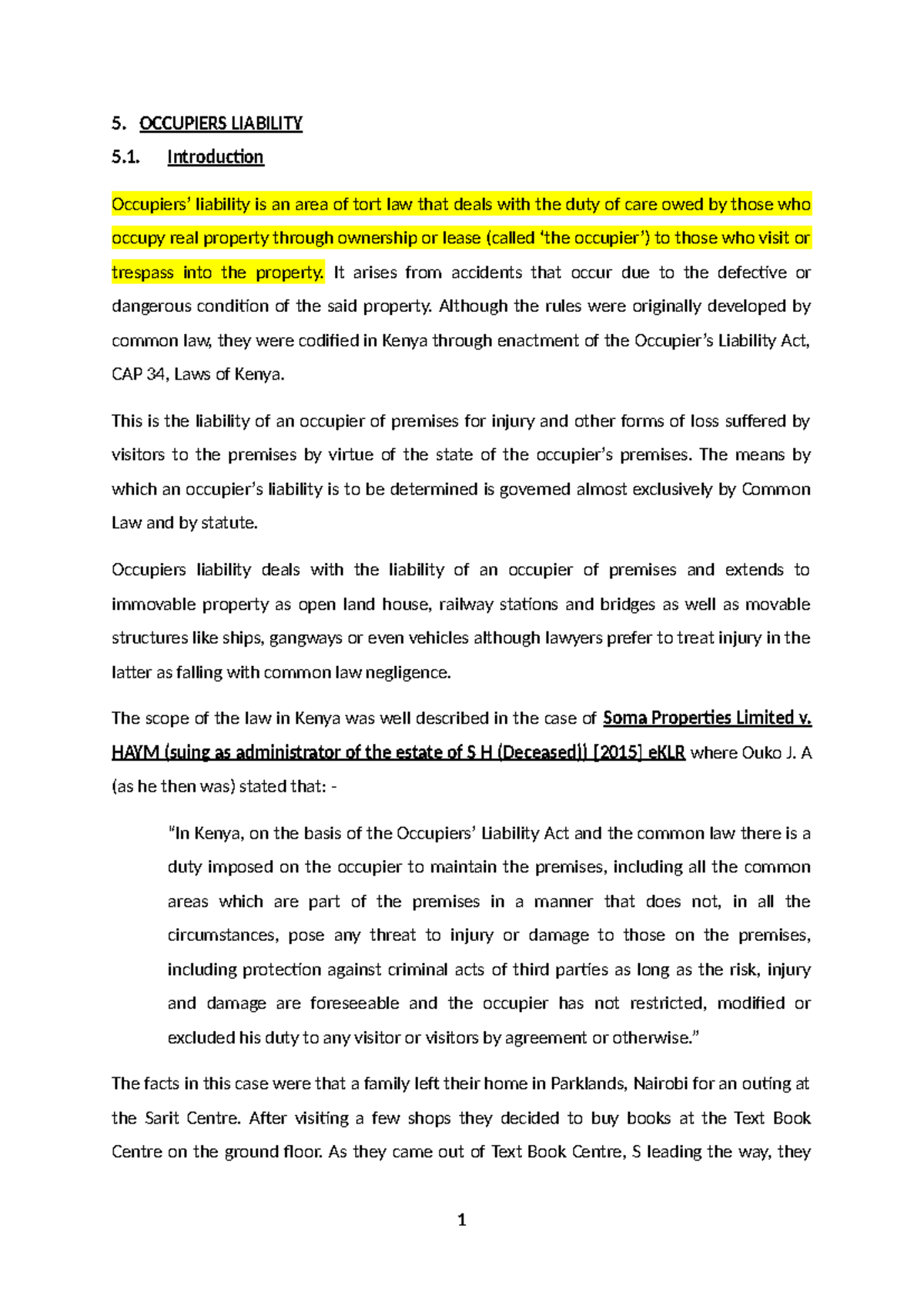 Occupiers Liability - 5. OCCUPIERS LIABILITY Introduction Occupiers ...