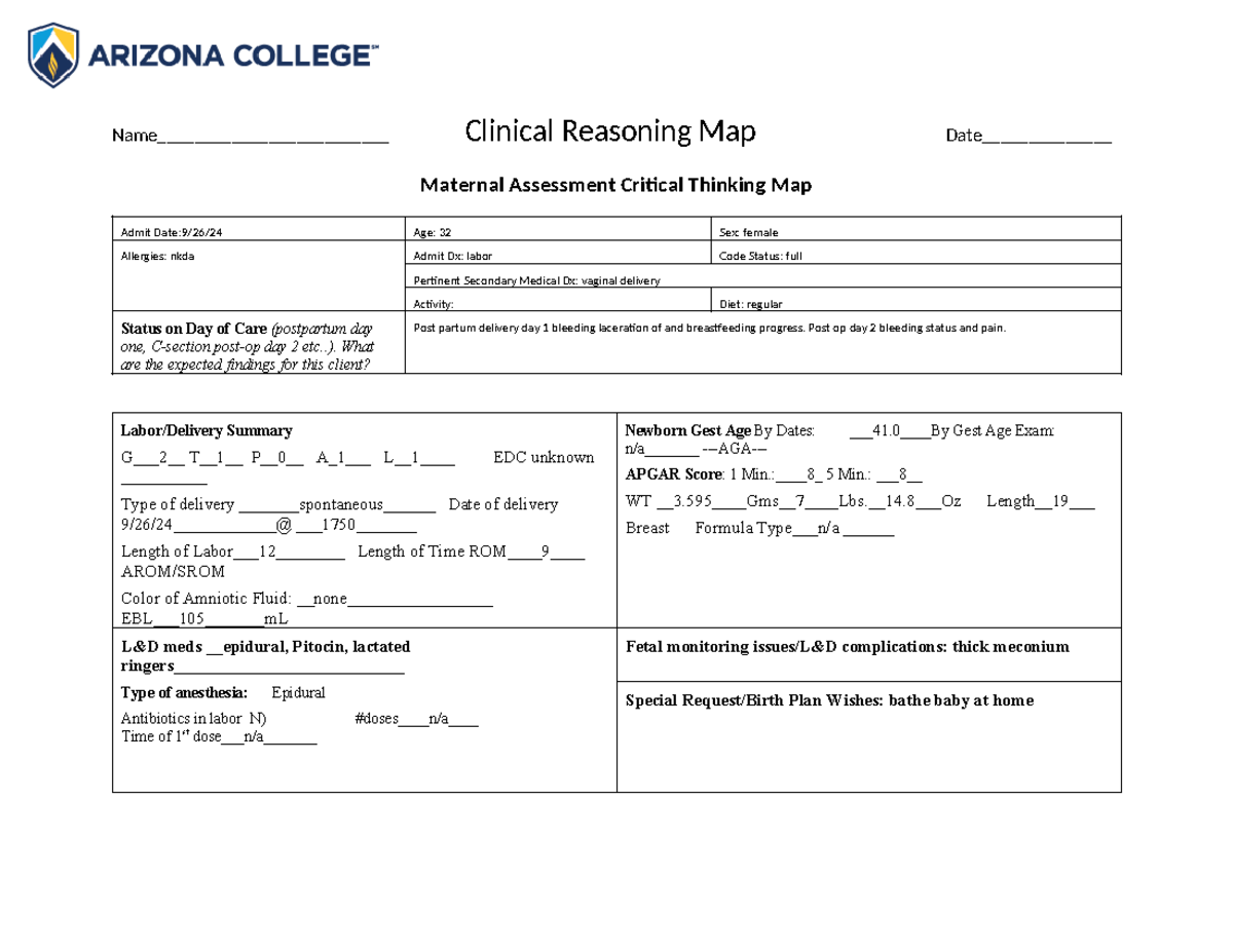 Maternal Assessment Critical Thinking Map for Nursing 2022 Rev. 02 ...