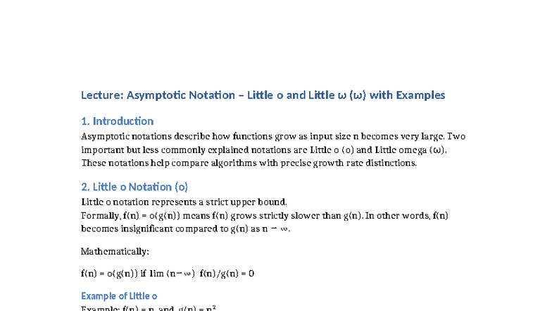 Lecture: Little o and Little ω Notation with Examples - Studocu
