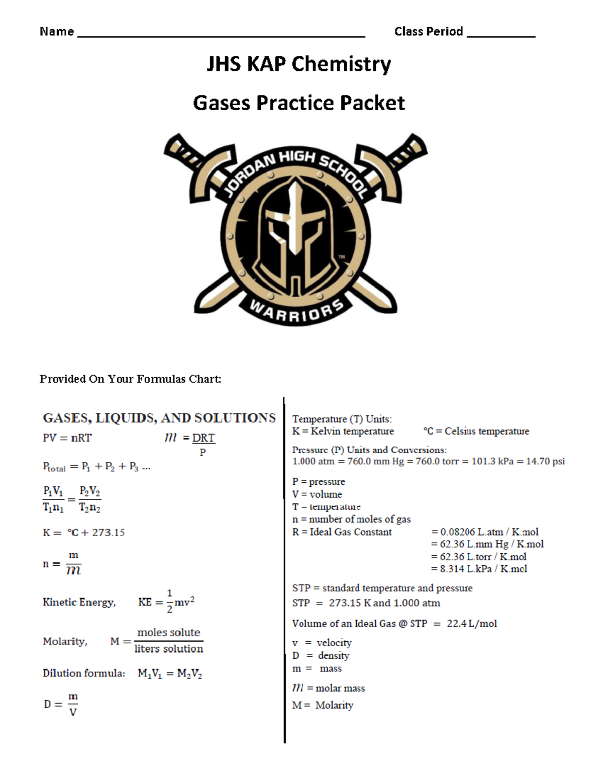 Gases Practice Packet KAP 25-26: Equations & Conceptual Questions - Studocu