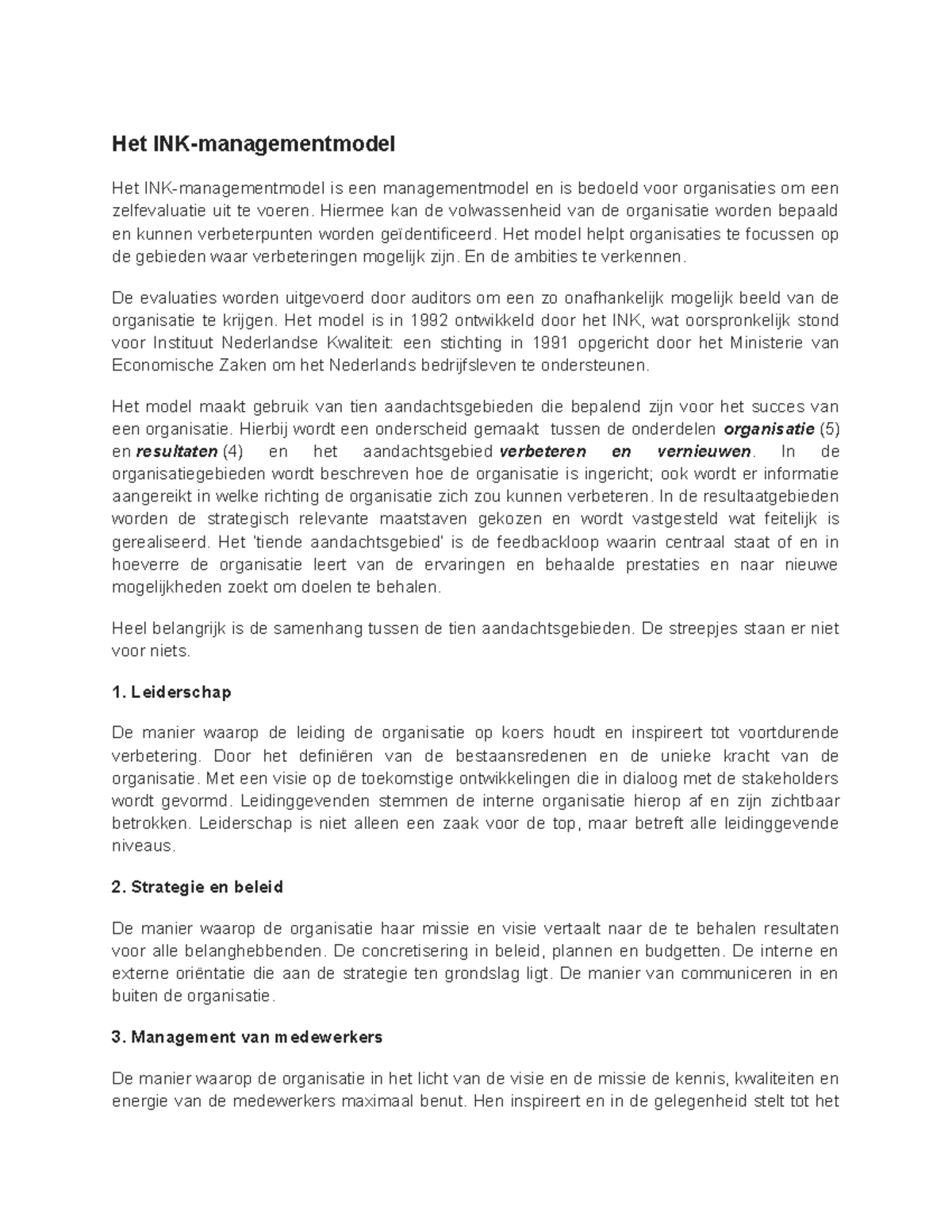 INK-model voor Organisaties: Management en Verbetervoorstellen - Studocu
