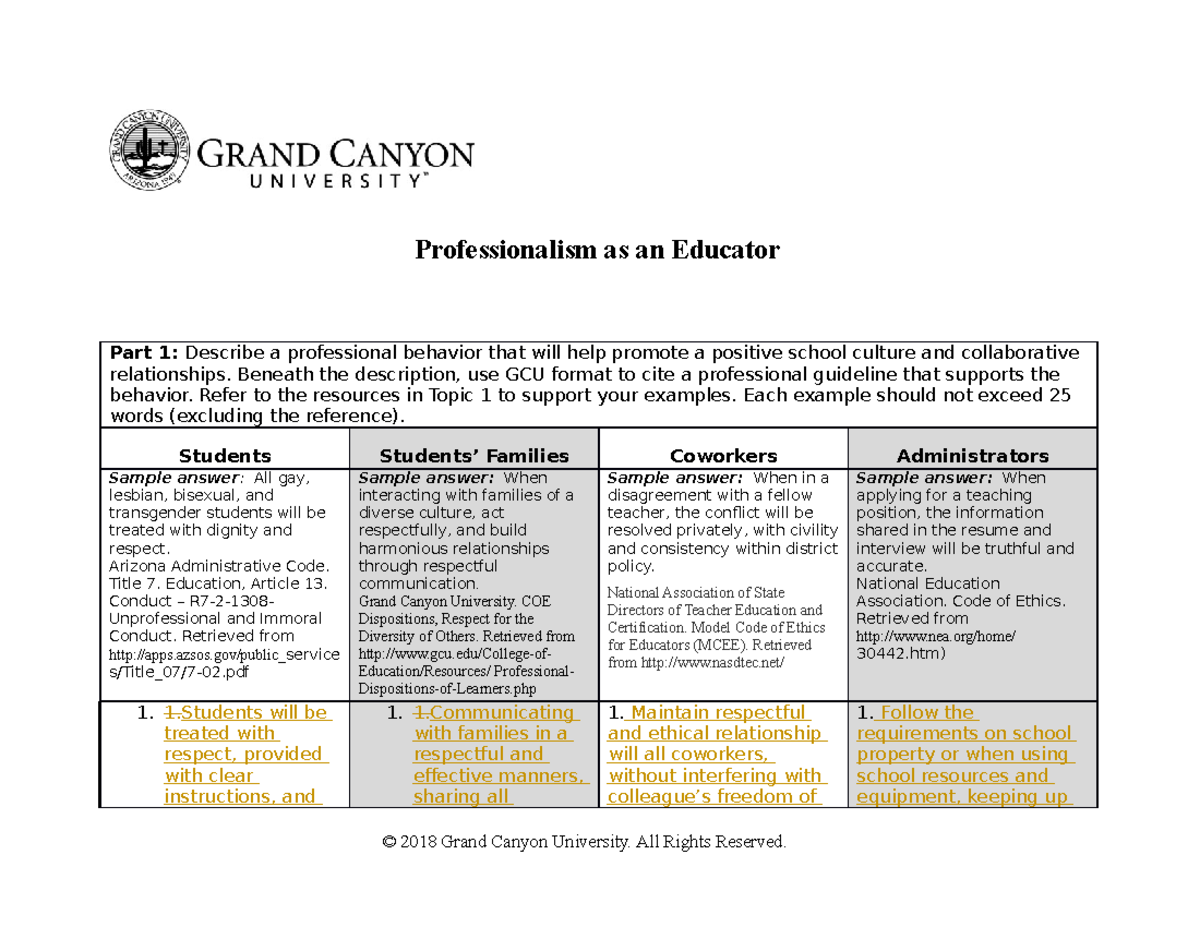 ELM-250 week 1 - week 1 assignment - Professionalism as an Educator ...