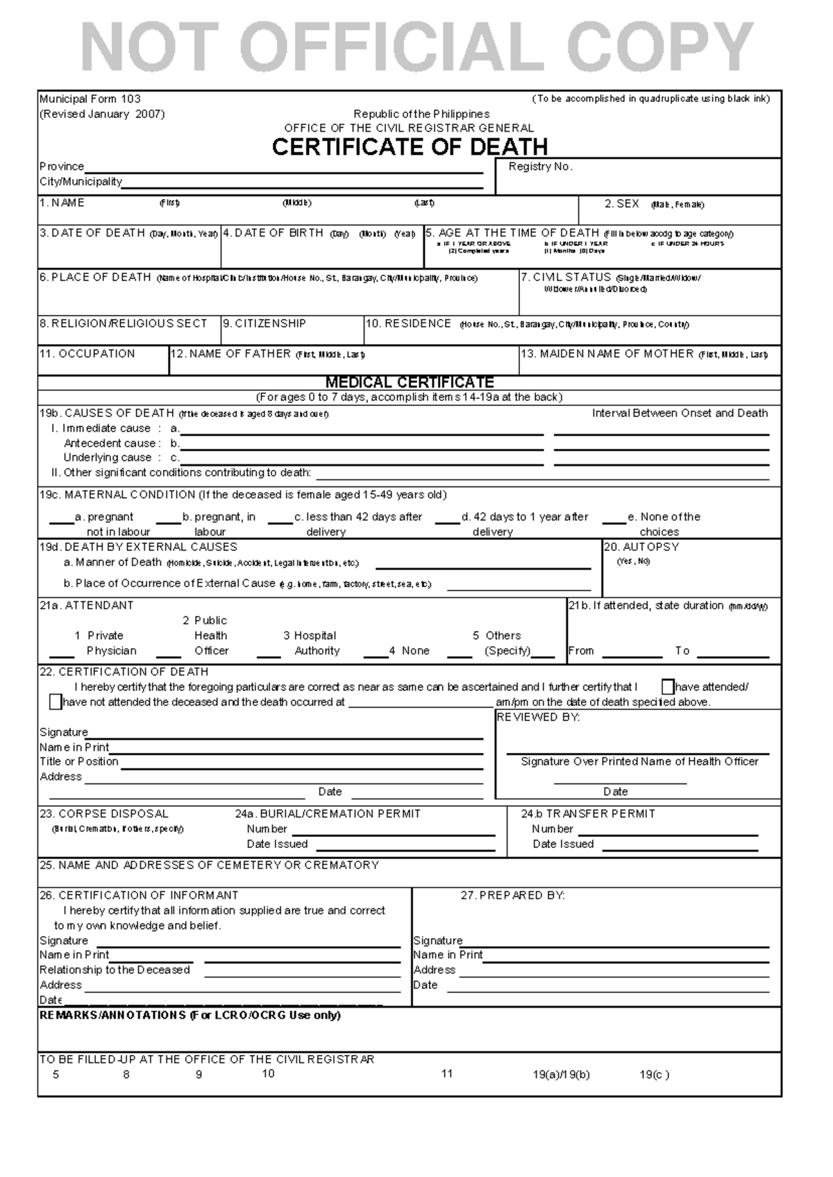 Certificate of Death - Municipal Form 103 (Revised 2007) - Studocu