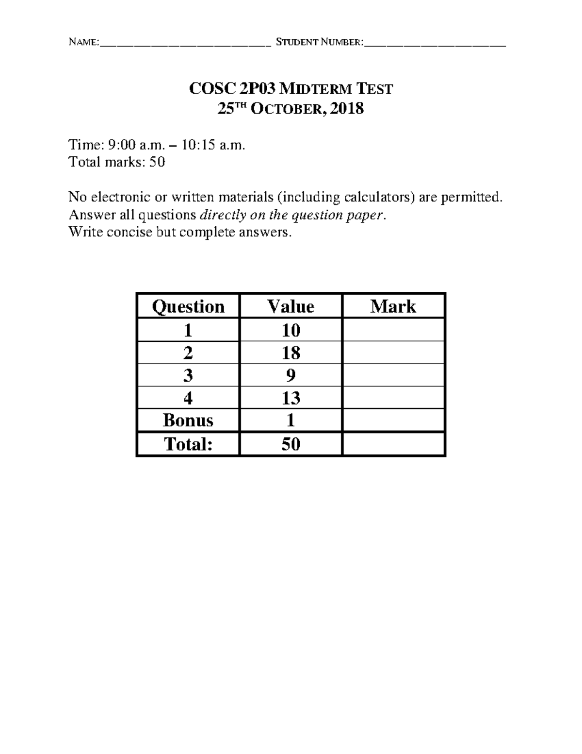 COSC 2P03 Midterm 2018 - COSC 2P03 - Brocku - Studocu
