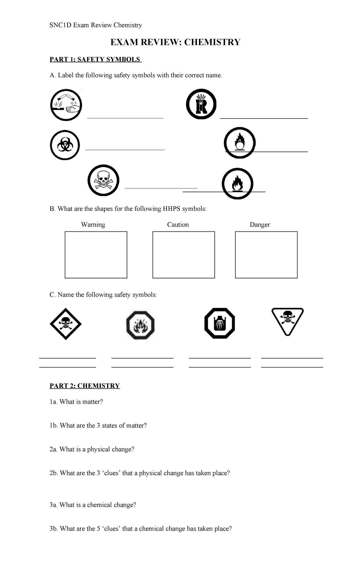 SNC1D Final Exam Review: Chemistry Concepts and Safety Symbols - Studocu