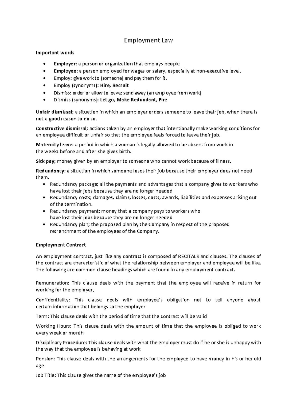 Employment Law - Key Terms and Concepts for Understanding - Studocu