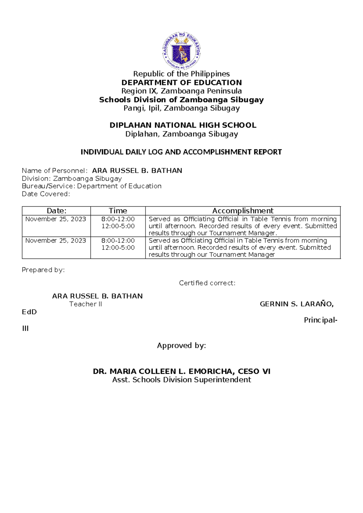 Provincial Meet Accomplishment Report - DEPEd Individual Logs - Studocu