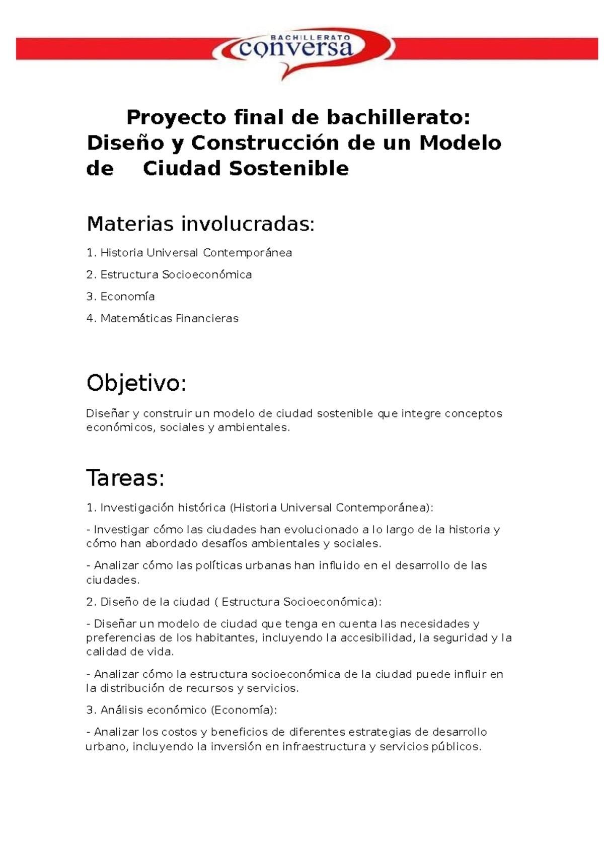Proyecto Final: Modelo de Ciudad Sostenible - Bachillerato - Studocu