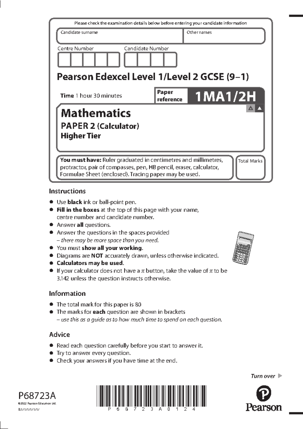 GCSE Maths Paper 2 (Higher Tier) Answer Sheet - P68723A (2022) - Studocu