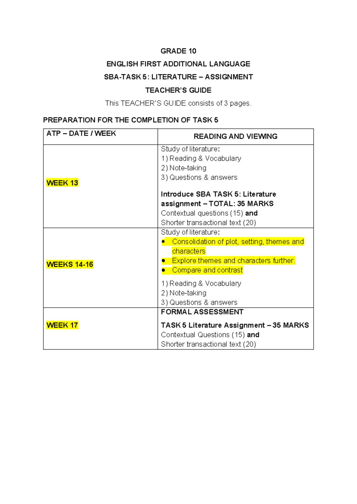 Gr 10 EFAL SBA-TASK 5: Literature Assignment Teacher's Guide - Studocu