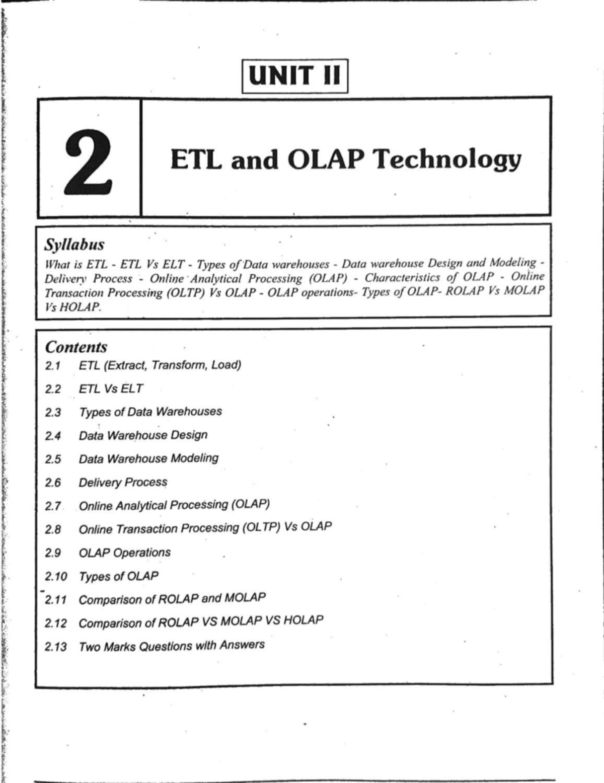 ETL and OLAP Technology Syllabus - Data Warehousing Unit II Overview ...