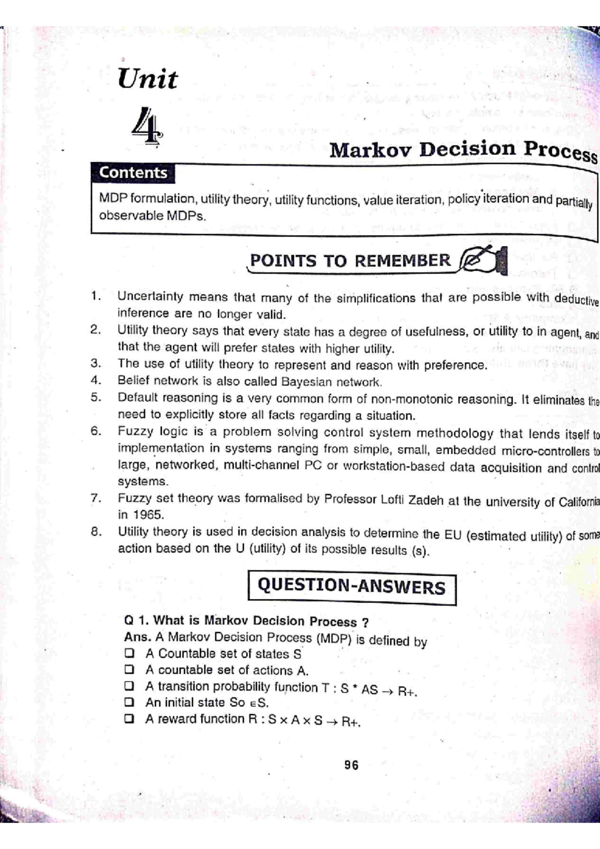 Unit 4: Markov Decision Processes and Utility Theory (AI-Notes) - Studocu