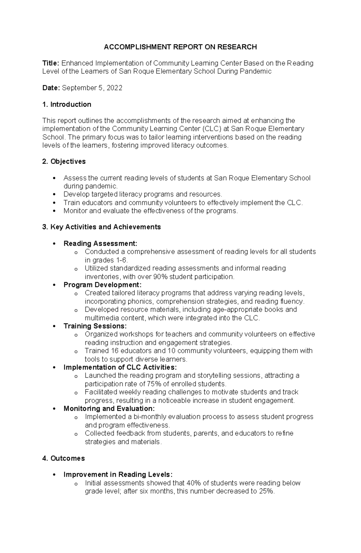 Accomplishment Report ON Research - ACCOMPLISHMENT REPORT ON RESEARCH ...