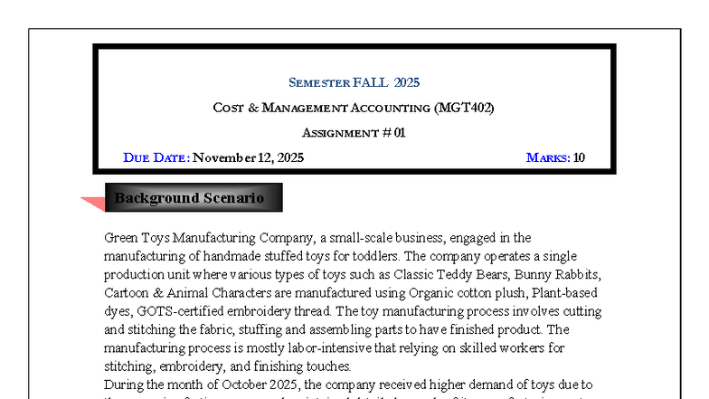 Cost Management Accounting (MGT402) Assignment 01 - Green Toys Case ...