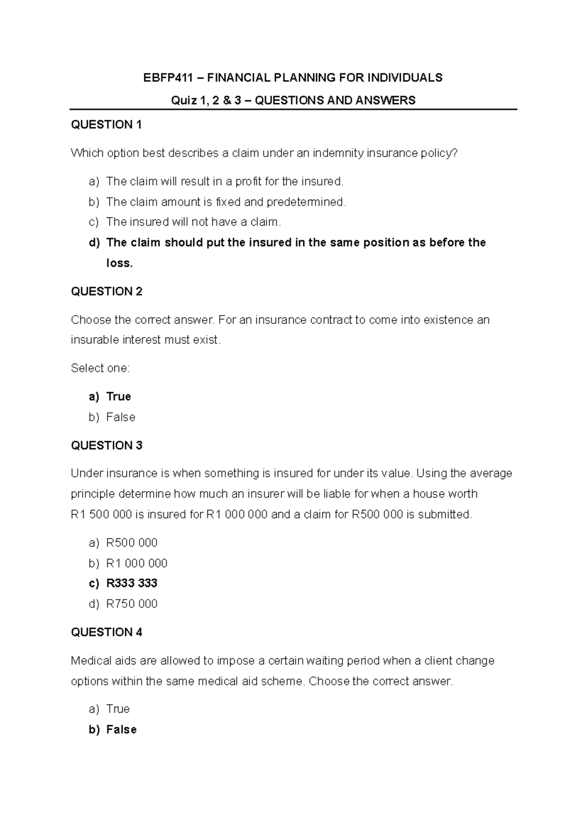 EBFP411 FINANCIAL PLANNING FOR INDIVIDUALS Quiz Questions & Answers ...