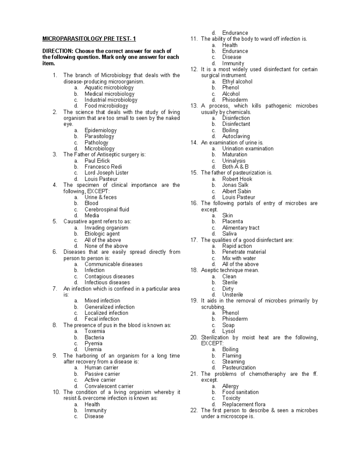 Microbiology Pre-Test: Microparasites and Disease Agents - Studocu