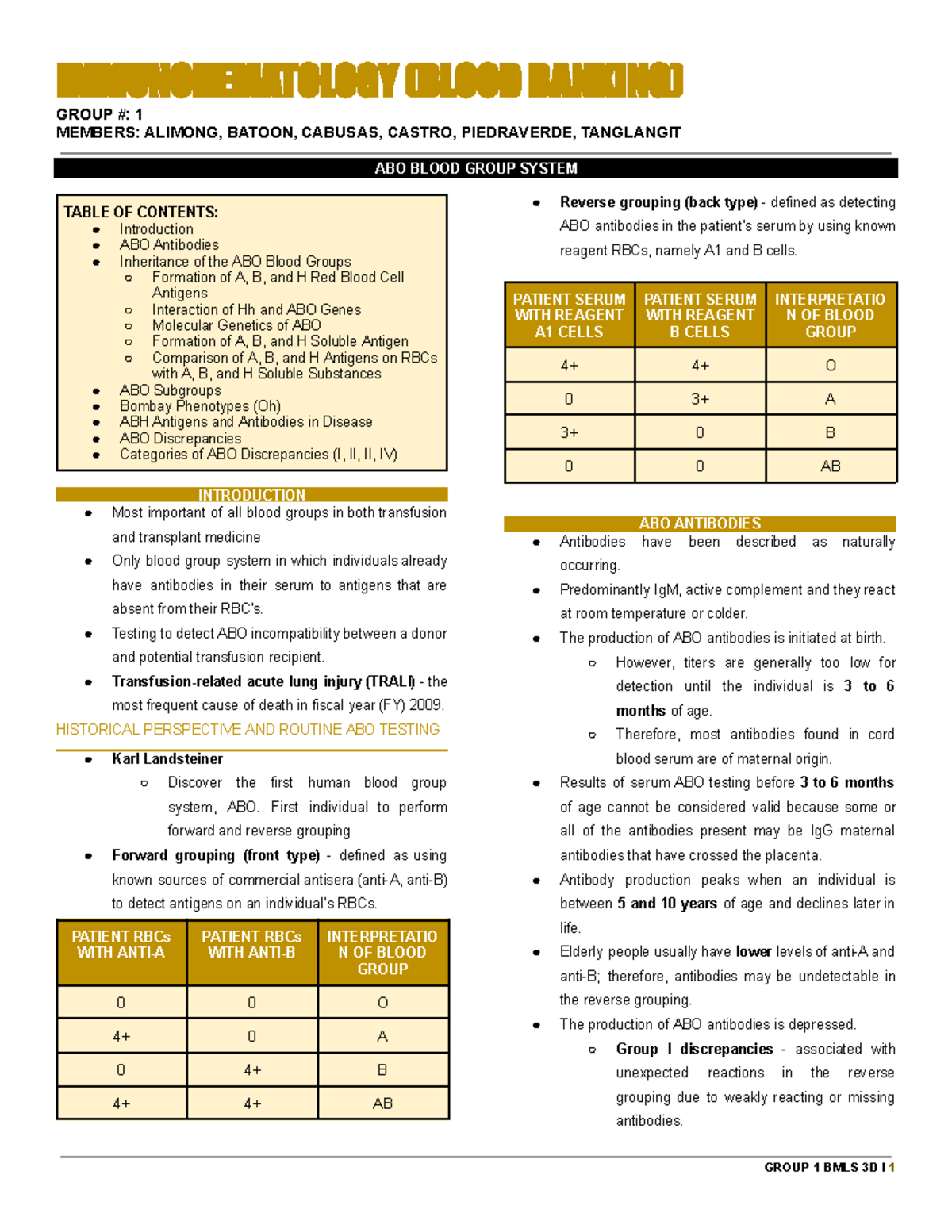ABO Blood Group System Overview - BMLS 3D I 1 & 2 Reports - Studocu