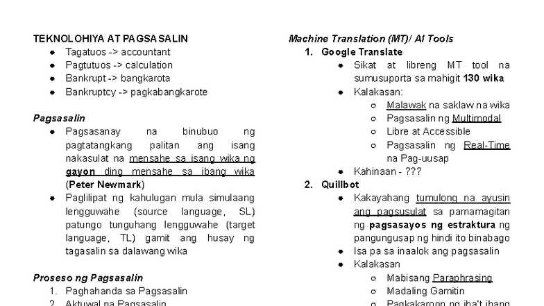 FIL 101: Pagsasalin at Teknolohiya sa Pagsasalin - Studocu